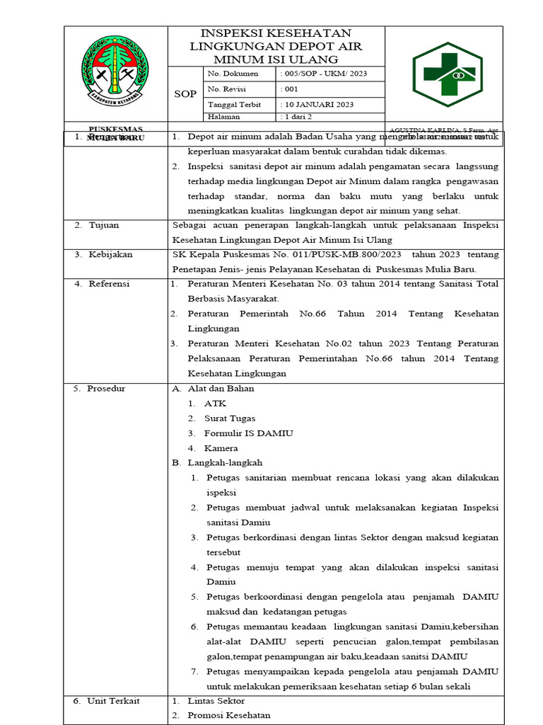 Sop Inspeksi Kesling Damiu | PDF