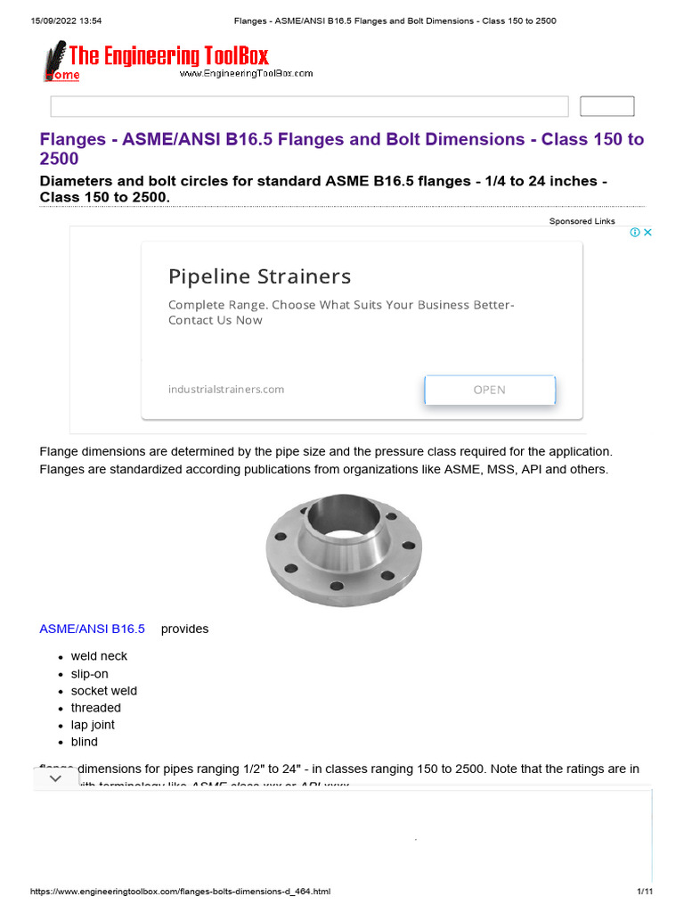 Flanges - ASME - ANSI B16.5 Flanges and Bolt Dimensions - Class 150 To 2500 | PDF | Pipe (Fluid ...