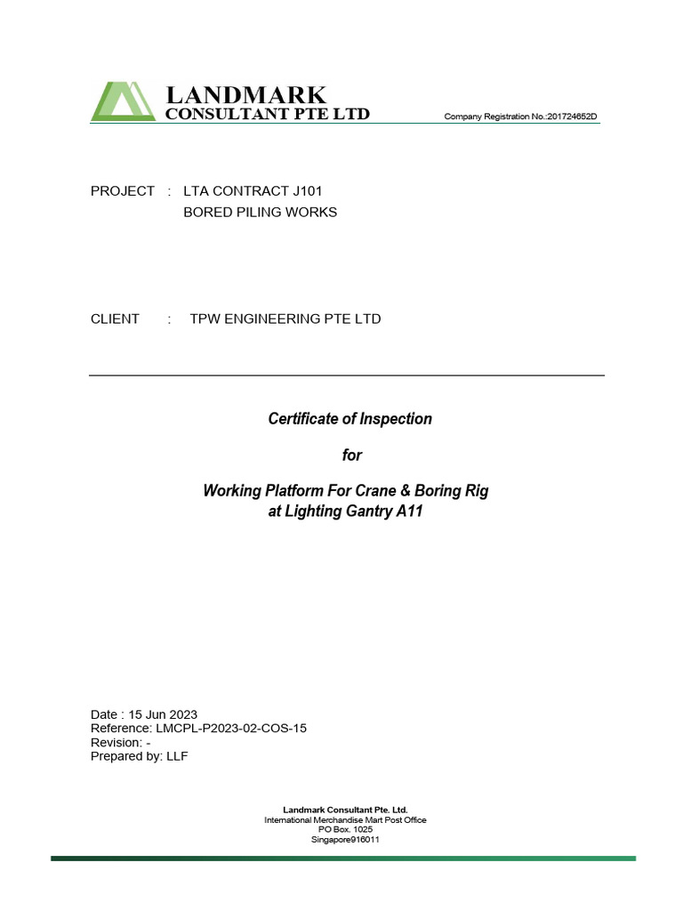 LTA J101 Bored Piling Inspection Certificate | PDF | Geotechnical ...
