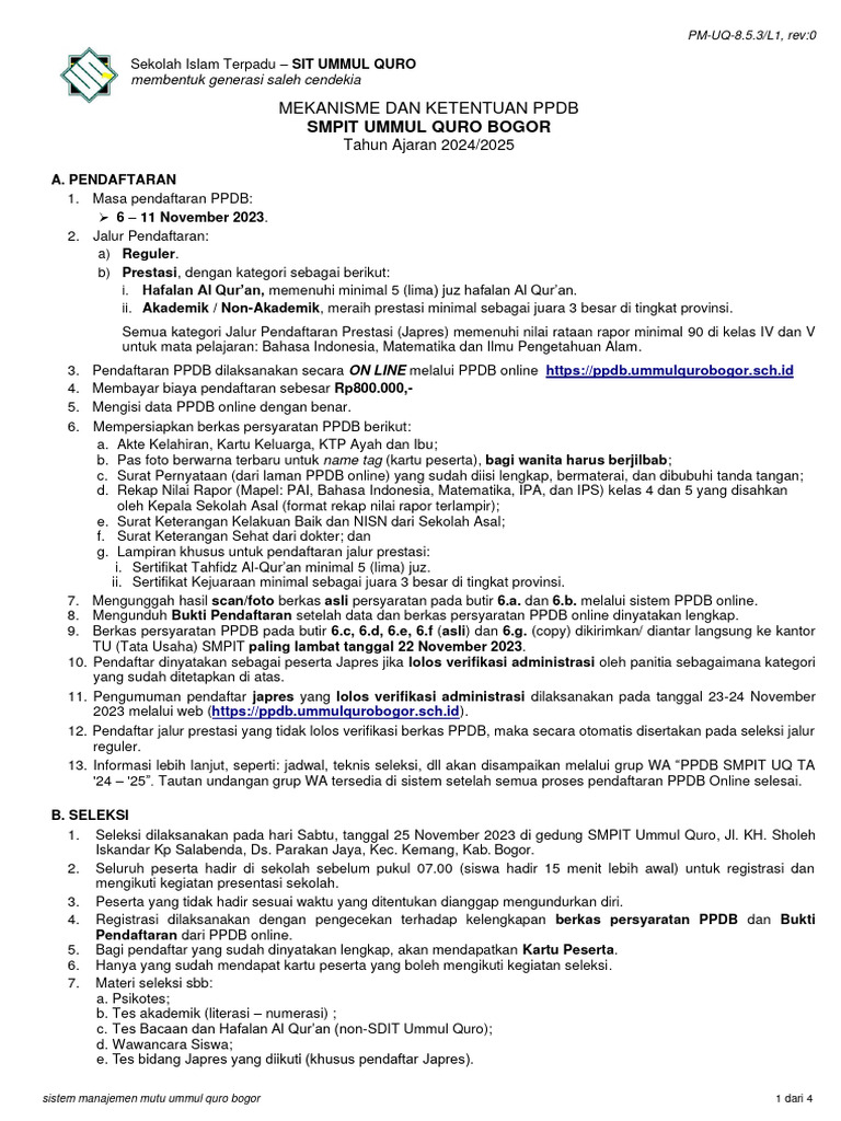 Mekanisme&Ketentuan PPDB SMPIT UQ TA.2024-2025 | PDF
