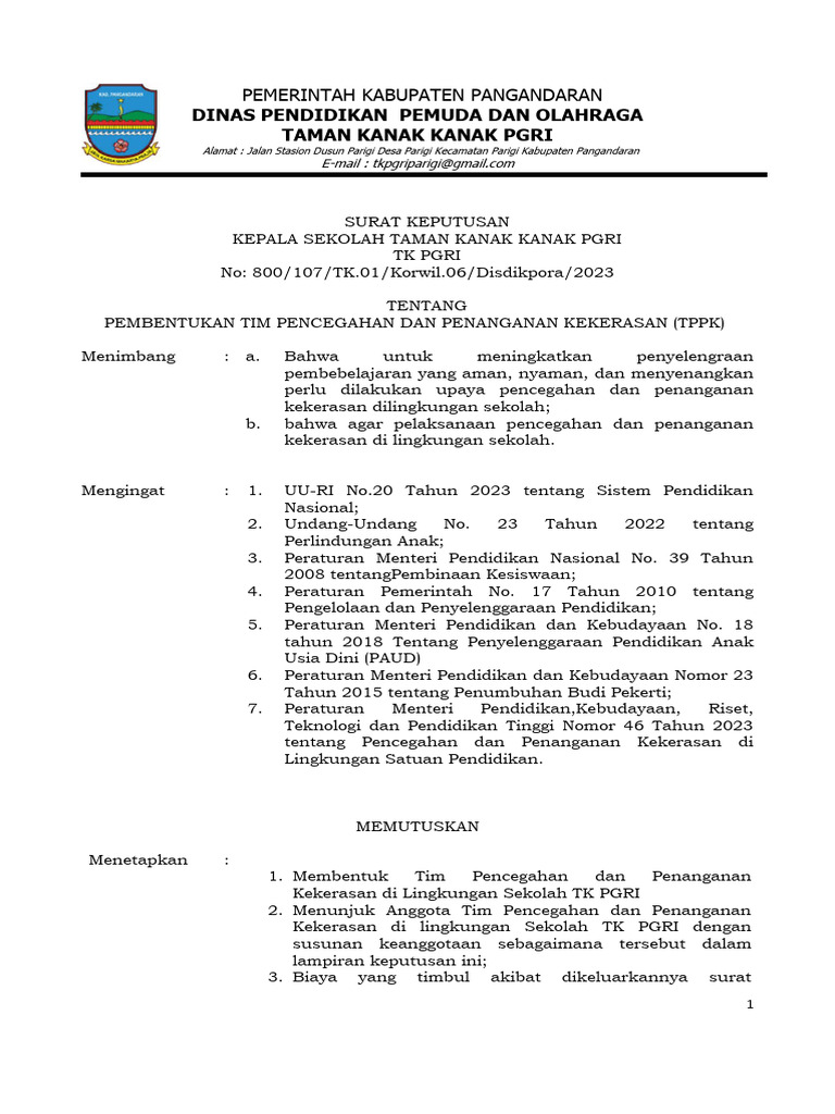 TK Pgri SK Pemebentukan Tim Pencegahan Dan Penanganan Kekerasan (TPPK ...