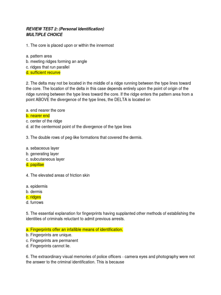 REVIEW TEST 2: (Personal Identification) Multiple Choice | PDF ...
