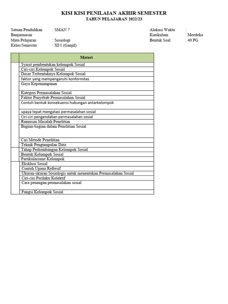 Centralpendidikan Kisi - Kisi PAS Sosiologi Kelas 11 | PDF | Sains & Matematika