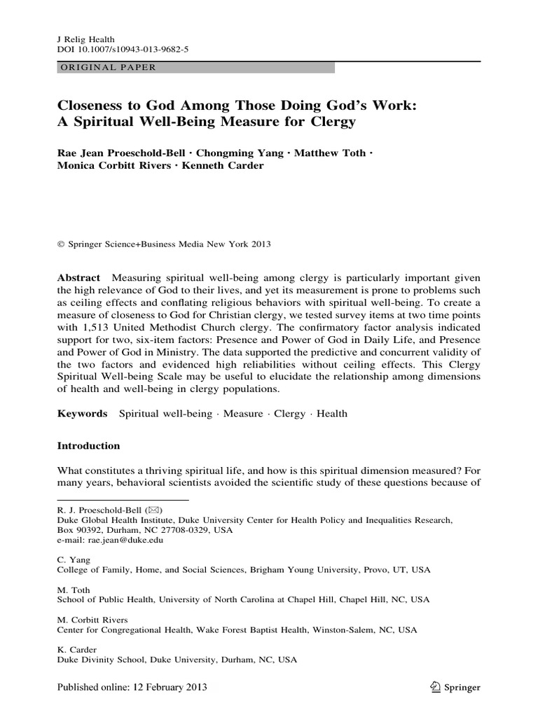 2013-J Relig Health-ProescholdBell-Closeness To God Among Those Doing God's Work A Spiritual ...
