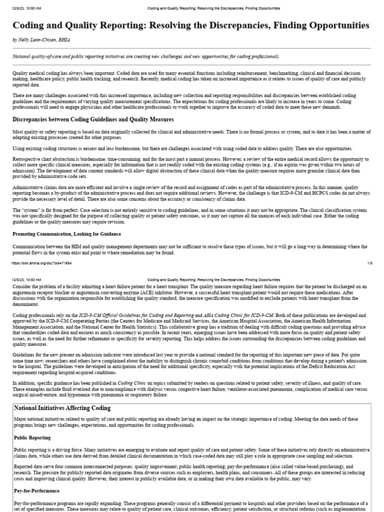Coding and Quality Reporting - Resolving The Discrepancies, Finding ...