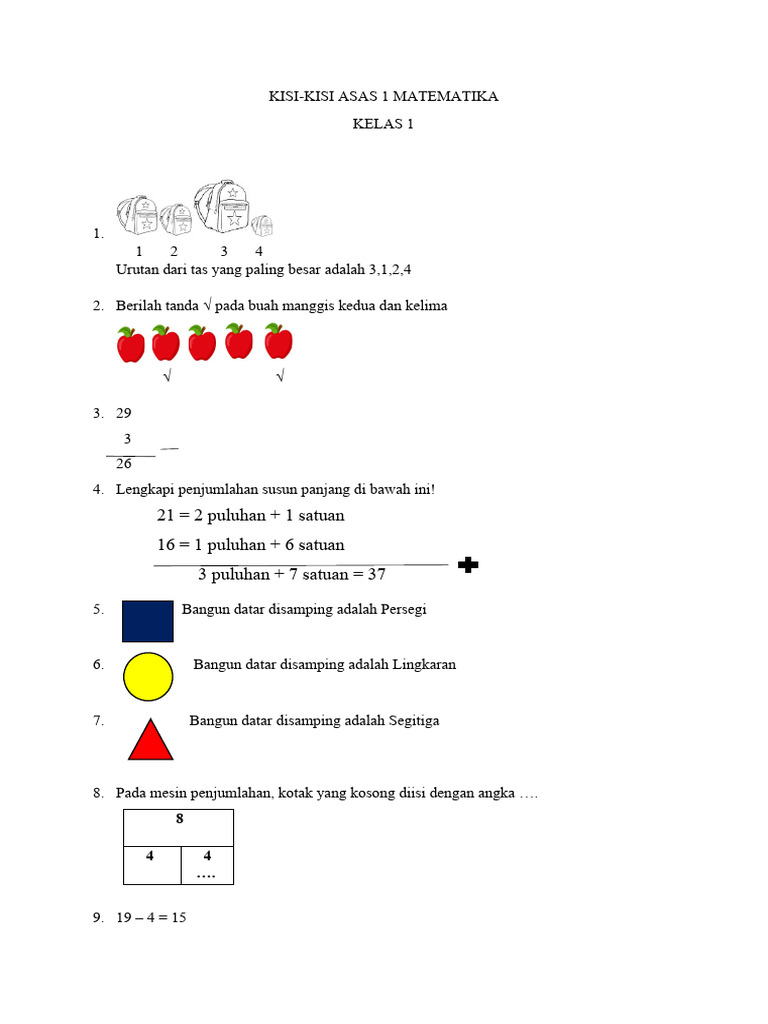 Kisi-Kisi Asas 1 Matematika Kelas 1 | PDF