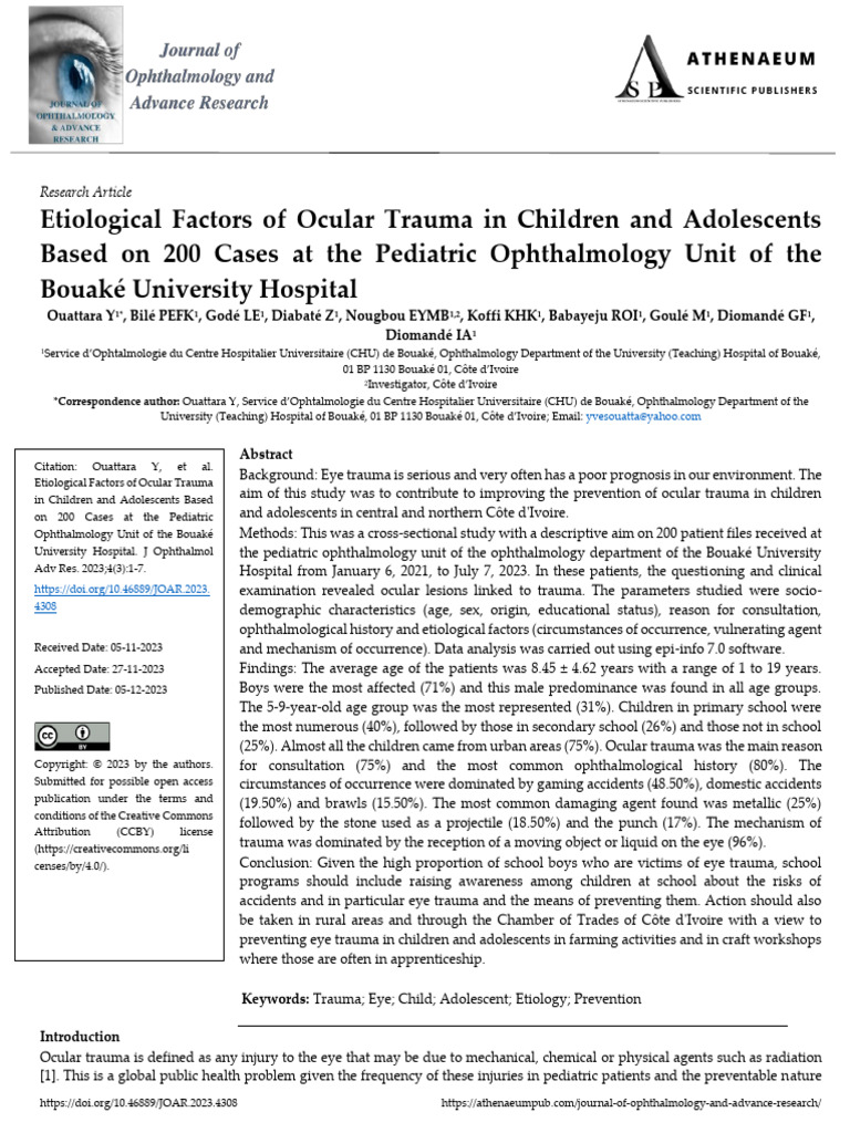 Etiological Factors of Ocular Trauma in Children and Adolescents Based ...