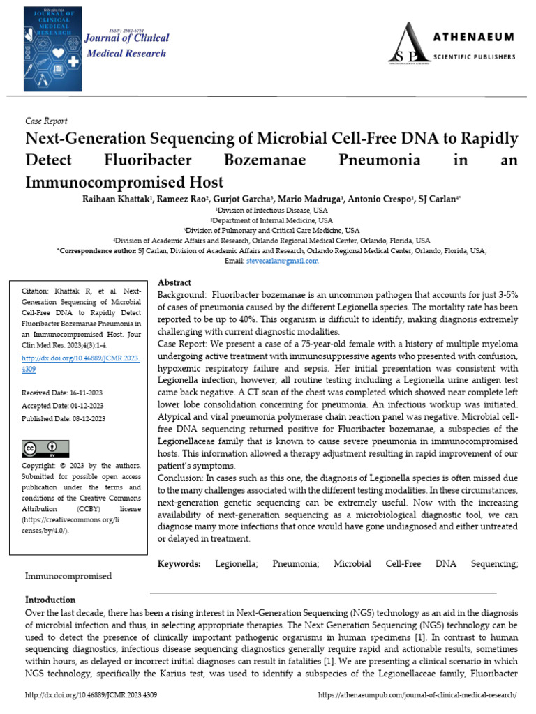 Next Generation Sequencing of Microbial Cell Free DNA To Rapidly Detect Fluoribacter Bozemanae ...