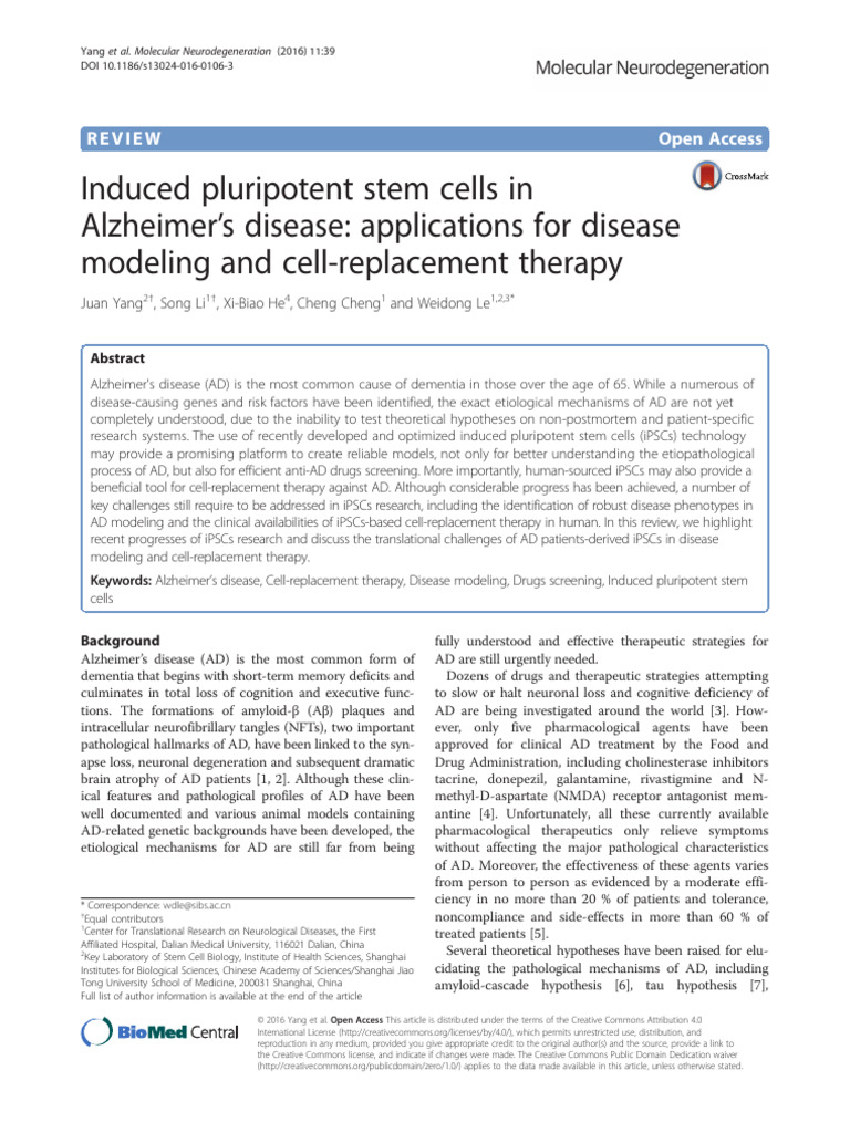Induced Pluripotent Stem Cells in Alzheimer 'S Disease: Applications For Disease Modeling and ...