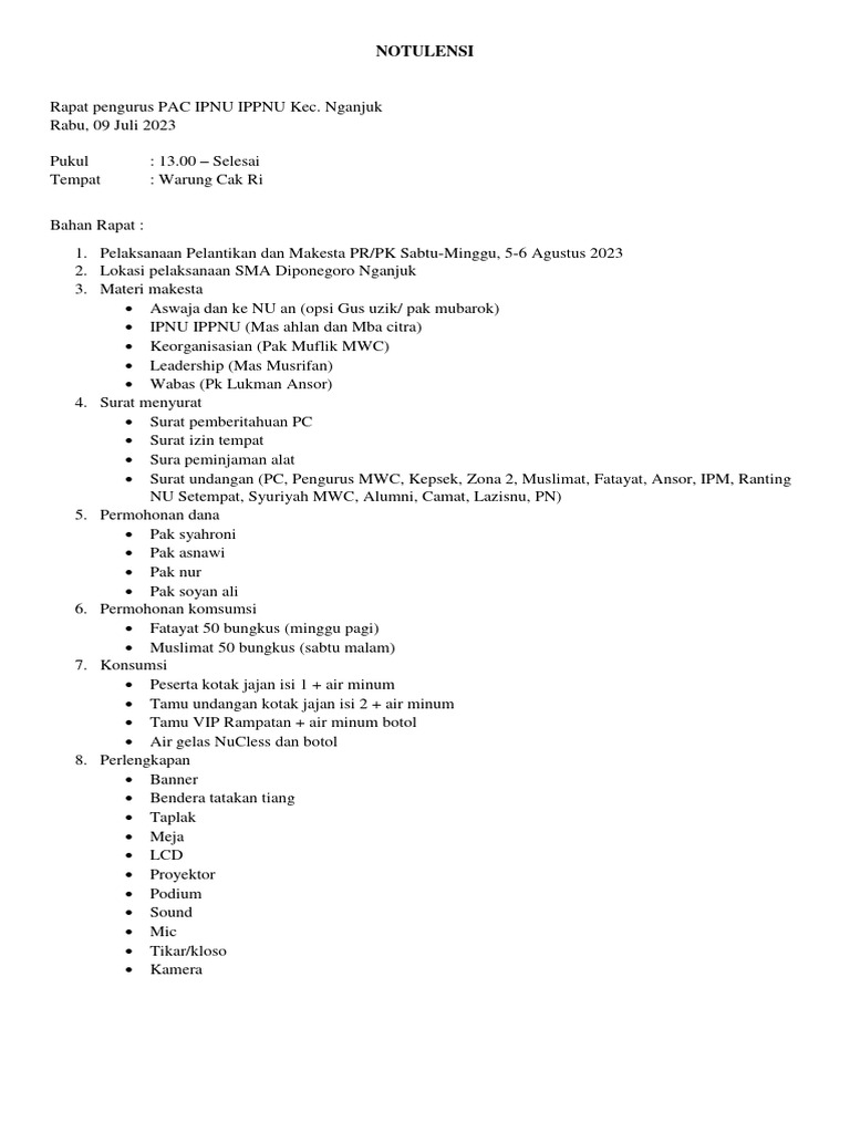 Notulensi Rapat Pengurus Pac | PDF