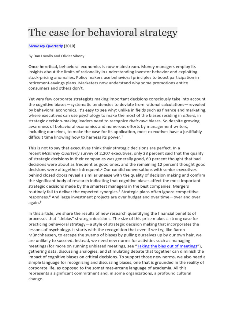 The Case For Behavioral Strategy | PDF | Behavioral Economics | Decision Making
