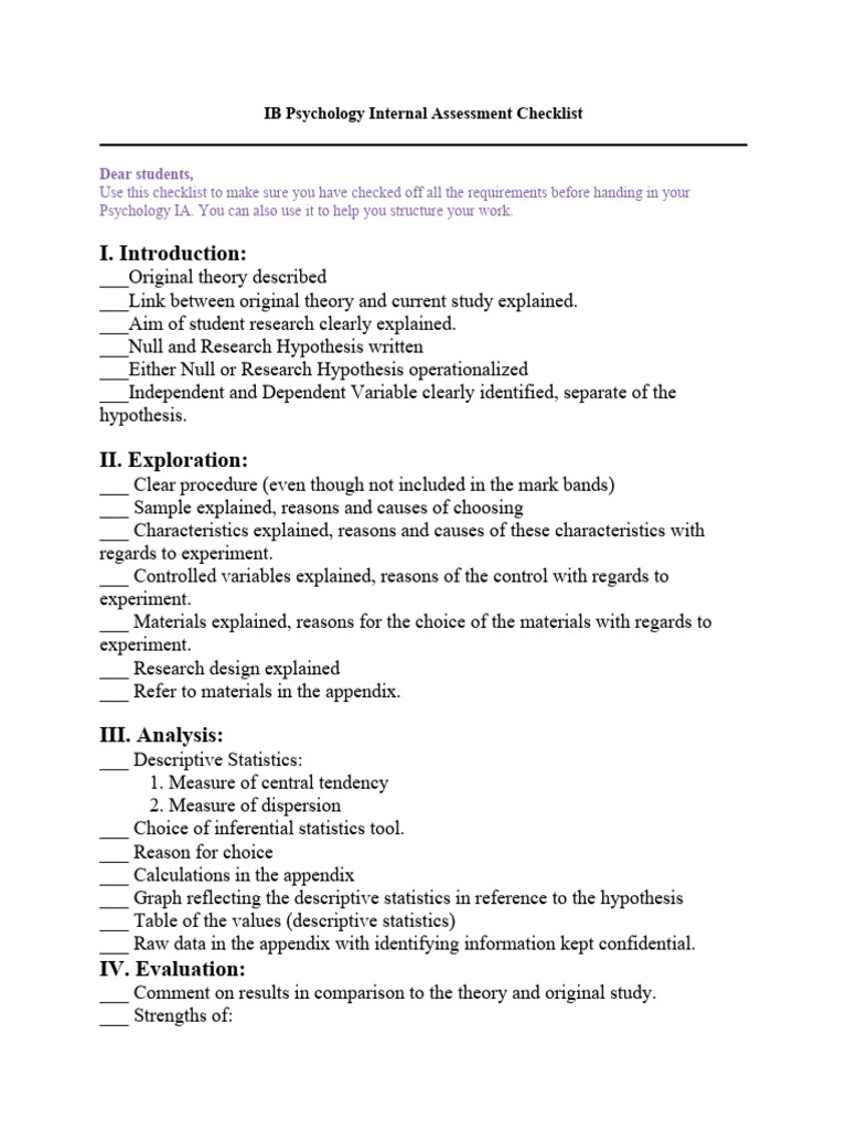 IB Psychology Internal Assessment Checklist: Dear Students | PDF