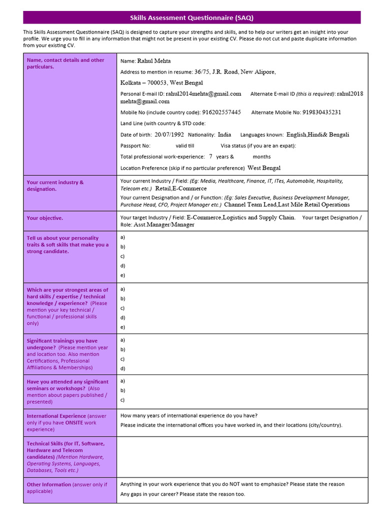 Skills Assessment Questionnaire SAQ | PDF | Computing | Information ...
