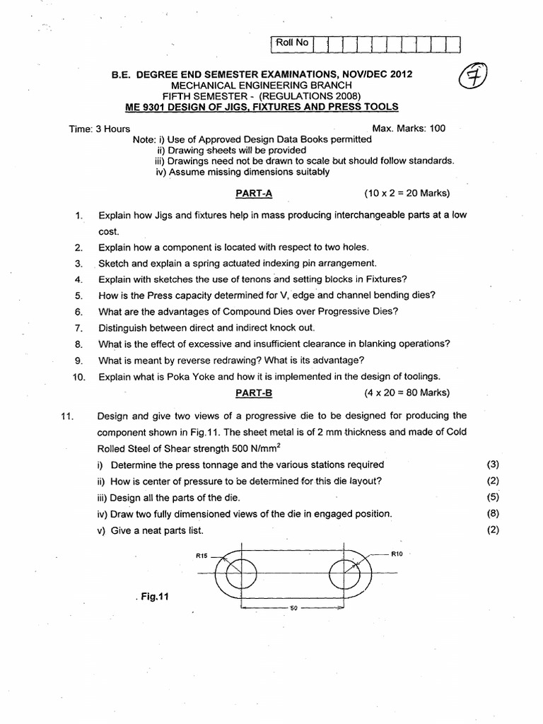 Anna University ME 9301 Design of Jigs. Fixtures and Press Tools Question Paper | PDF | Sheet ...
