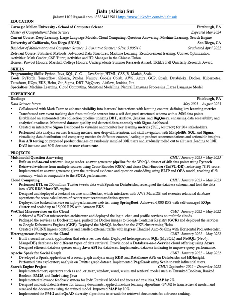 Jialu Sui Resume SDE PDF | PDF | Apache Spark | Information Retrieval