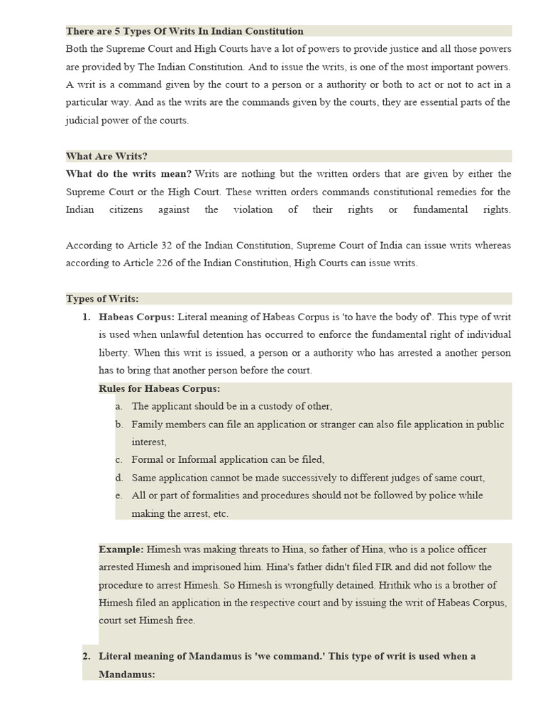 Types of Writs | PDF | Habeas Corpus | Writ