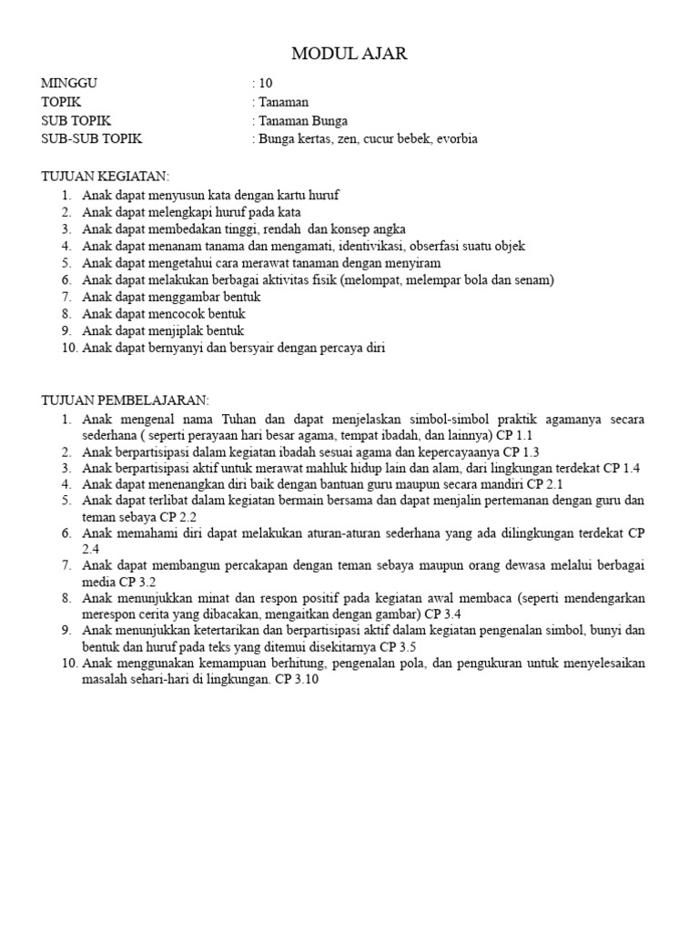 Modul Ajar TK: Tanaman Bunga | PDF