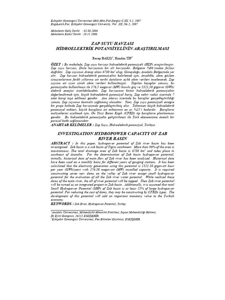 Zap Suyu Havzas - Hidroelektrik Potansiyelinin Ara - T - R - Lmas - ( | PDF