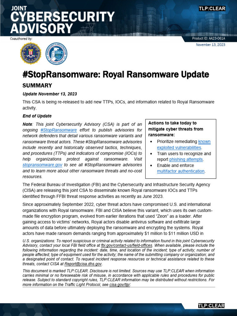 Cybersecurity Advisory - #StopRansomware - Royal Ransomware Update ...
