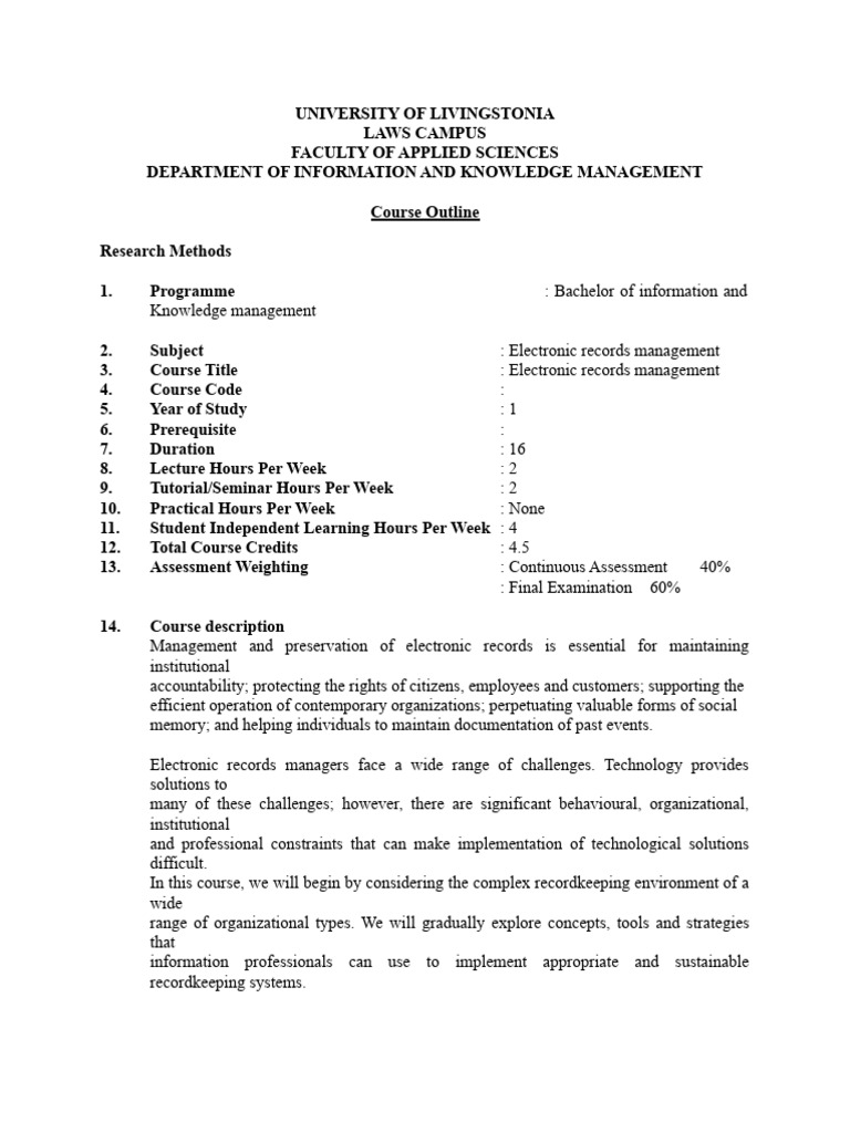 Course Outline For Electronic Records Management | PDF | Records ...