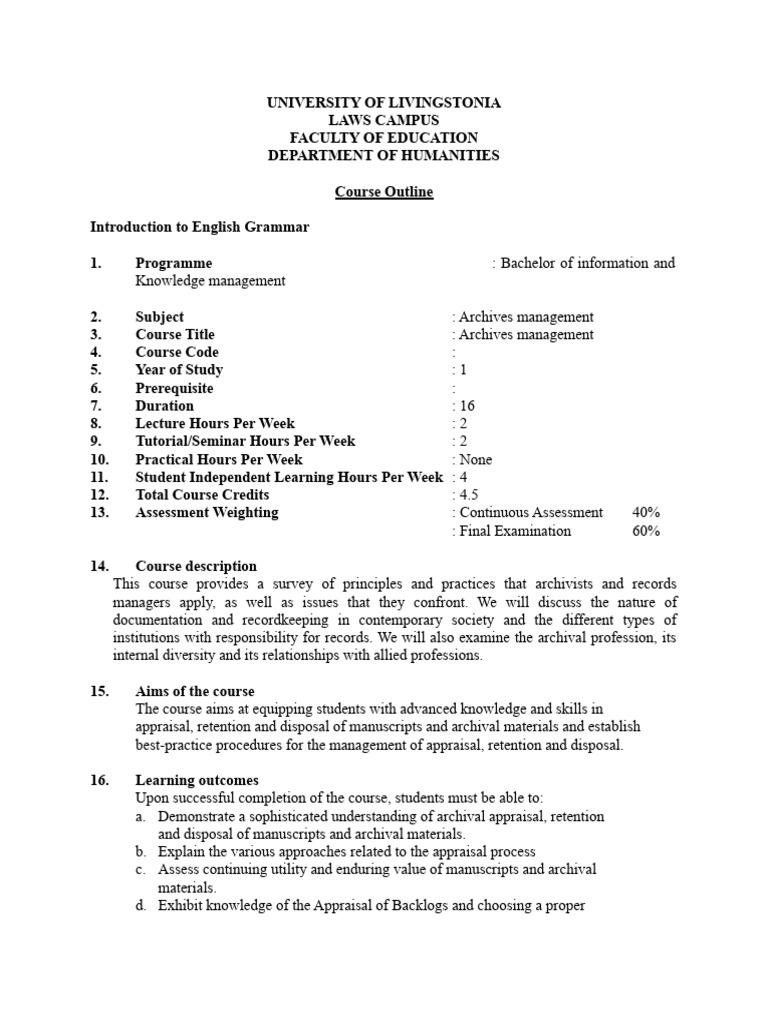 Archives Management Course Outline | PDF | Archive | Archivist