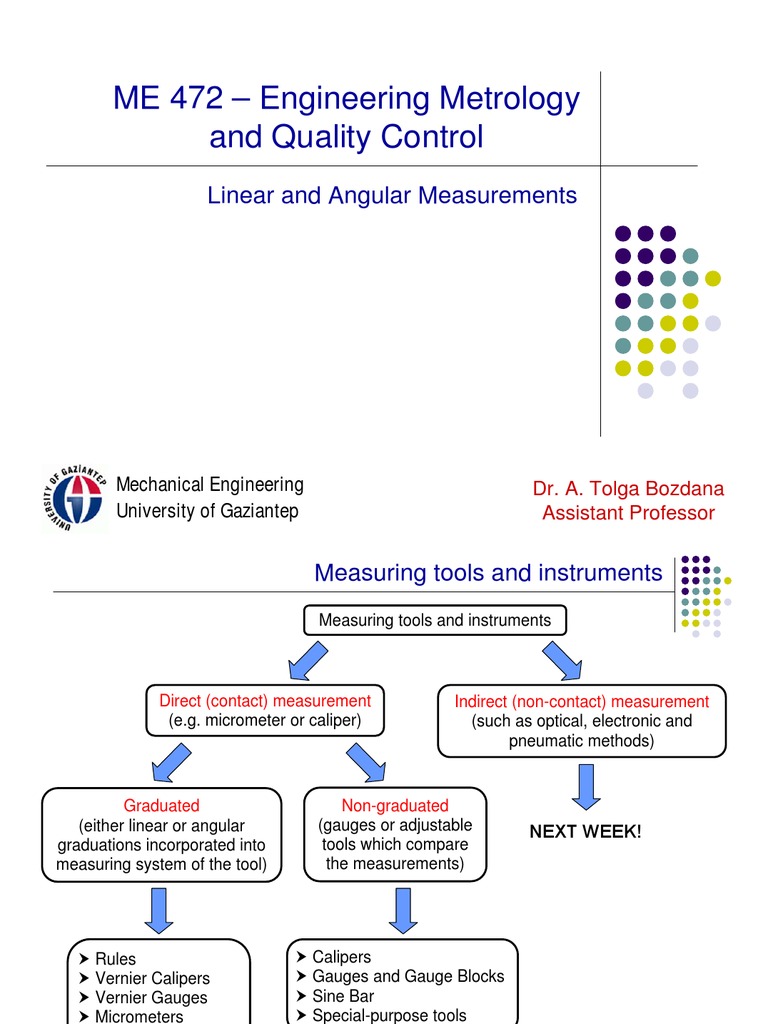 ME 472 - Engineering Metrology and Quality Control: Linear and Angular ...