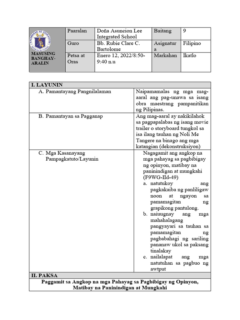 Masusing Banghay Aralin Grade9 Filipino Final Demo | PDF