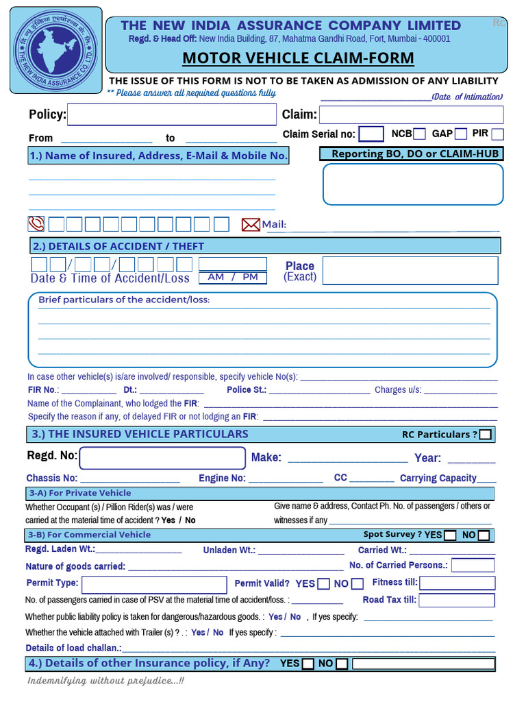Motor Claim Form NEW INDIA ASSURANCE CO. LTD. | PDF | Driver's License ...