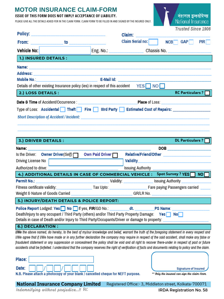 Motor Claim Form National Insurance Co. Ltd. | PDF | Vehicle Insurance | Common Law