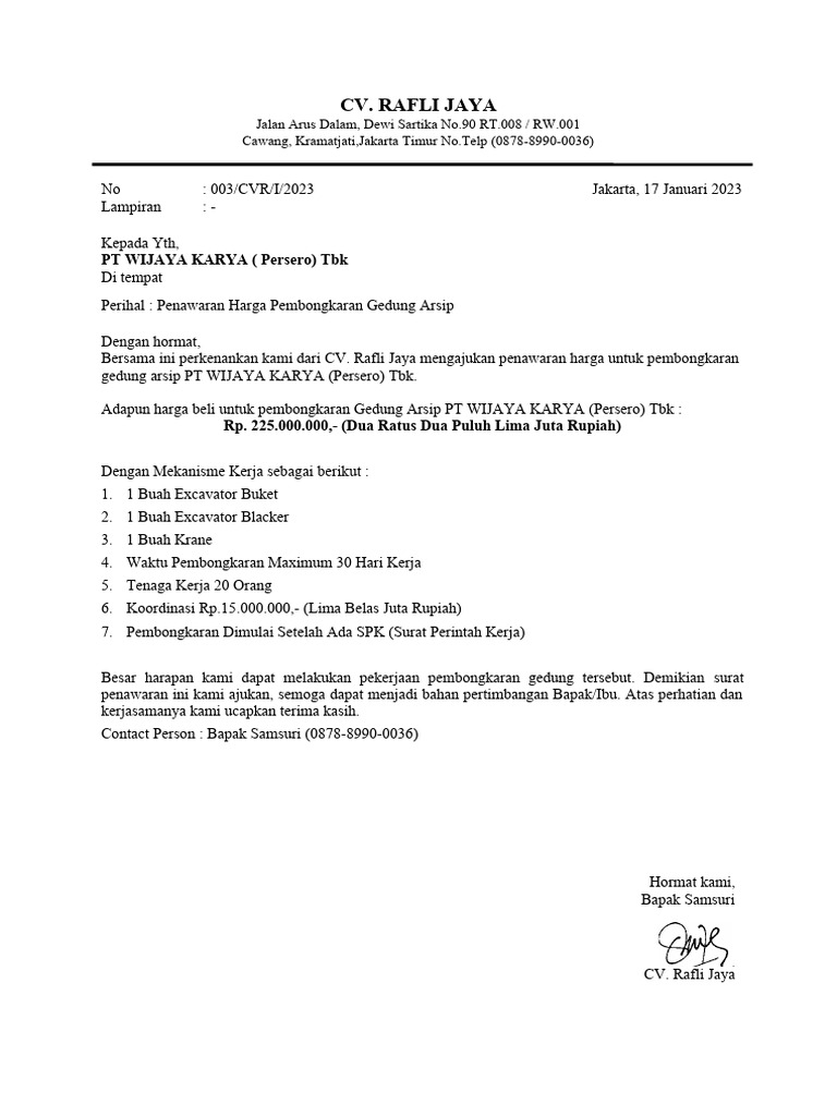 Surat Penawaran CV Rafli Jaya | PDF