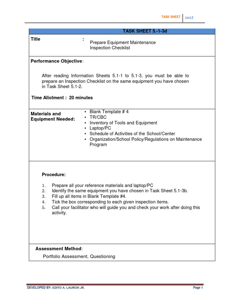 Equipment Maintenance Inspection Checklist Pdf Business Process