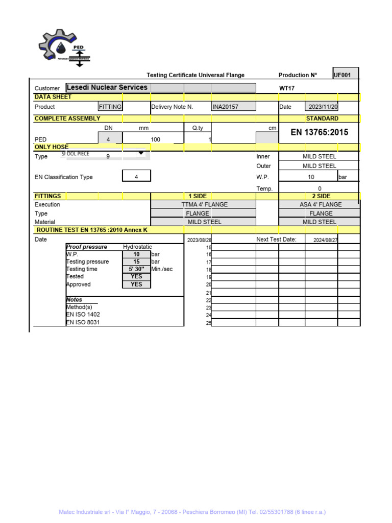 Pressure Test Certificate | PDF | Mechanical Engineering | Gas Technologies