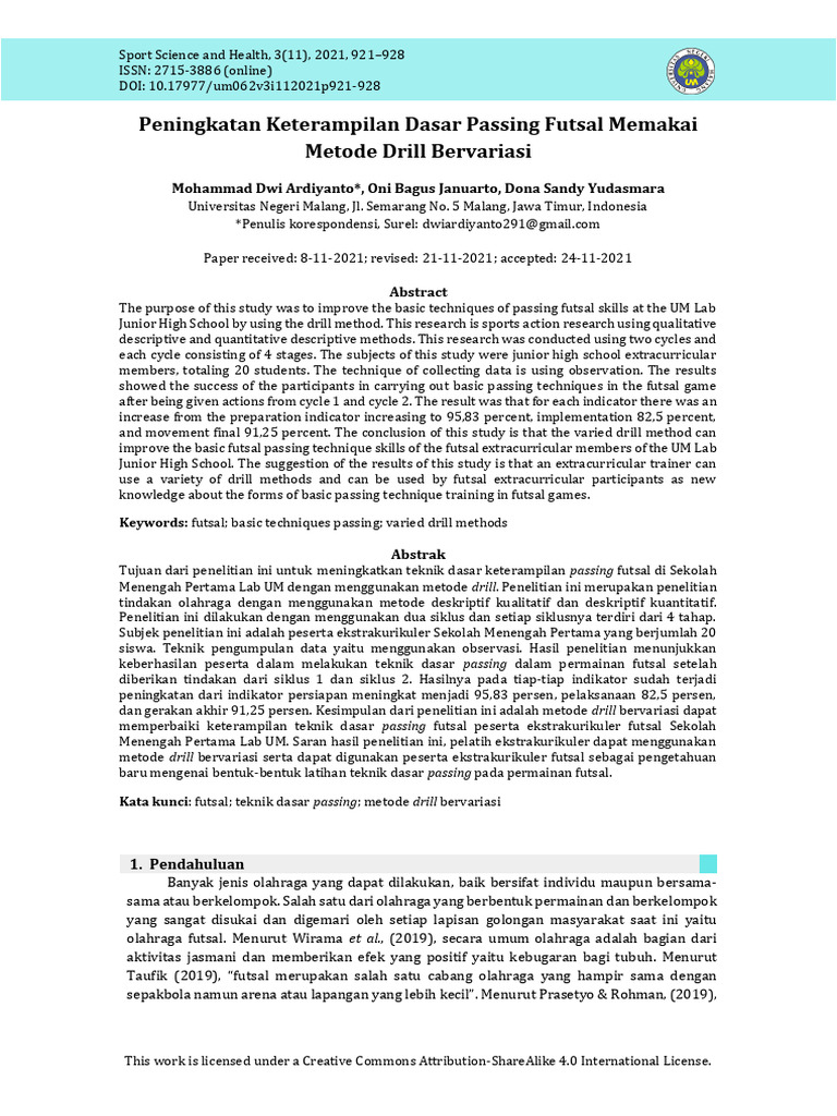 Peningkatan Keterampilan Dasar Passing Futsal Memakai Metode Drill Bervariasi | PDF | Science ...