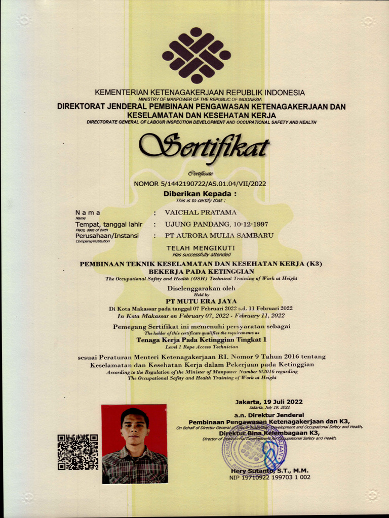 Vaichal Pratama - Sertifikat WAH | PDF