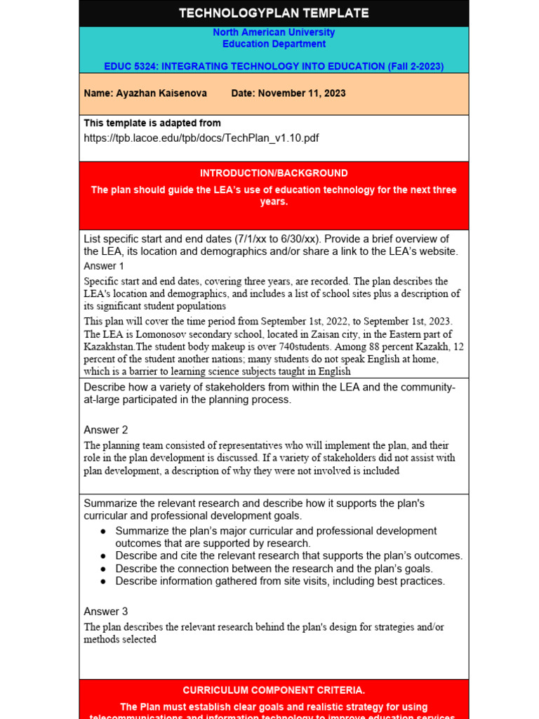 Educ 5324 - Technology Plan Template | PDF