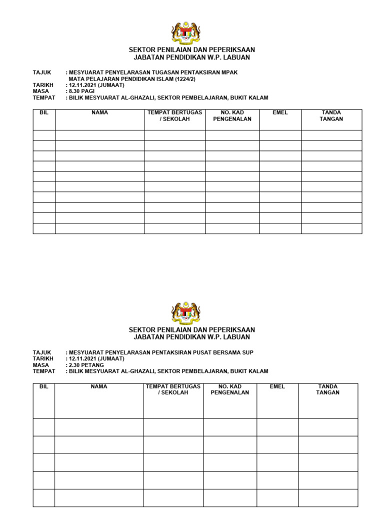Borang Kehadiran Mesyuarat | PDF