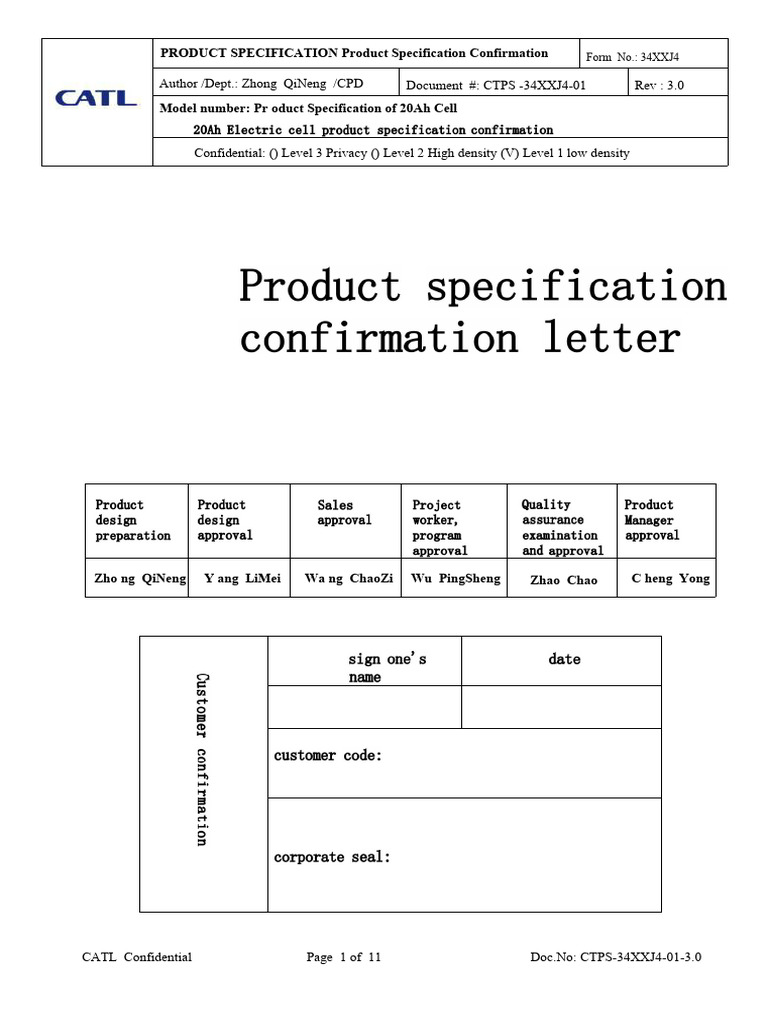 CATL 34189-20AH Low Temperature Cell Specification | PDF | Rechargeable Battery | Lithium Ion ...