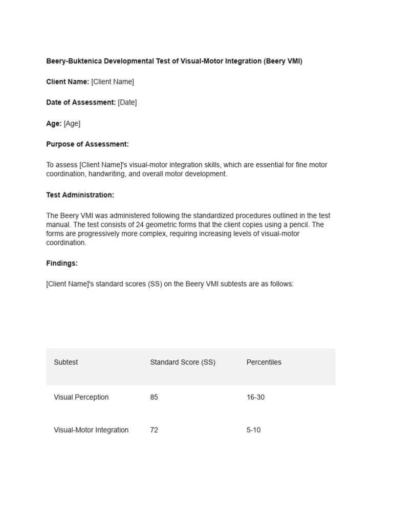 Example of Beery Visual Motor Integration Findings Report | Download ...