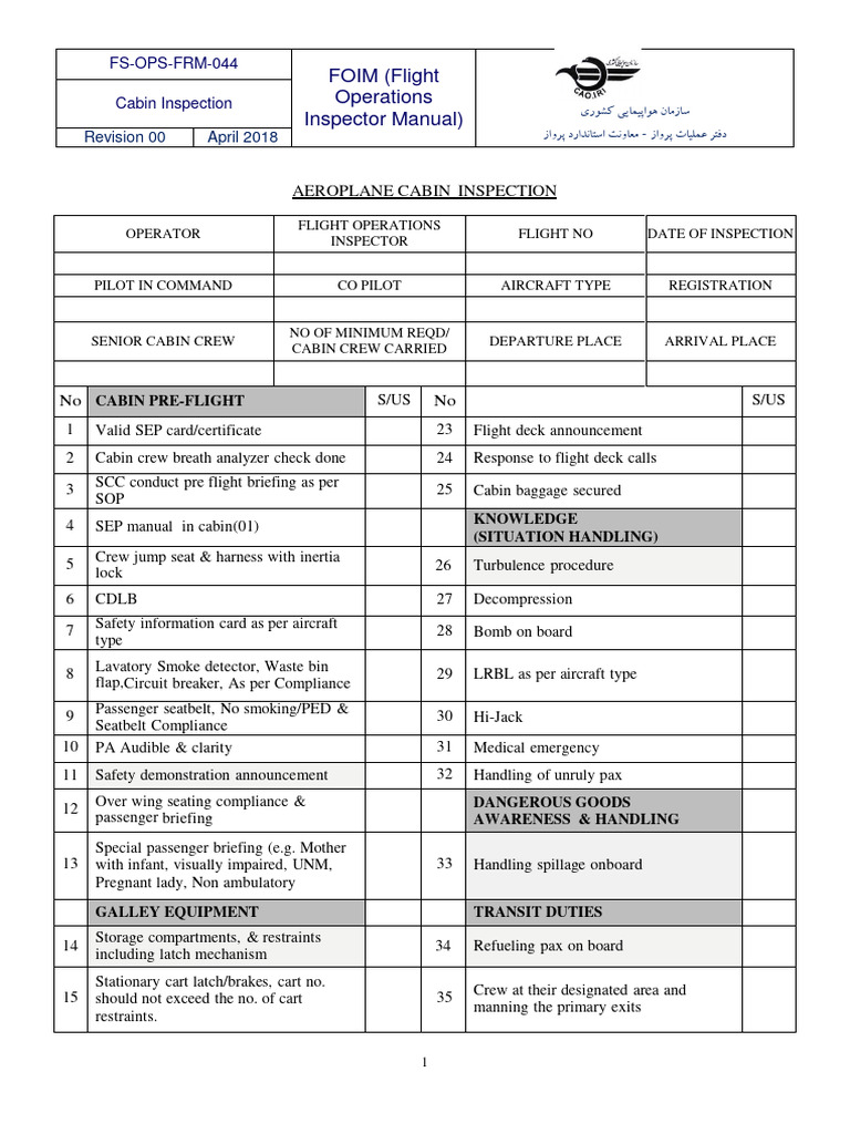 Aircraft Cabin Safety Inspection Form | PDF | Flight Attendant | Seat Belt