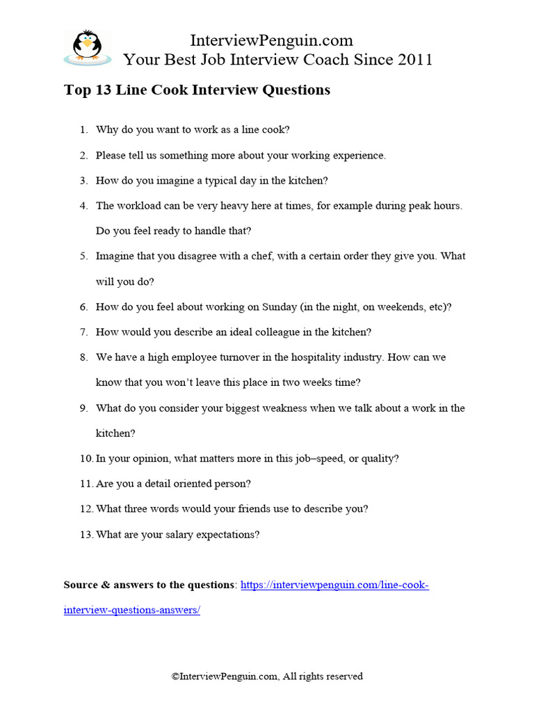 Line Cook Interview Questions 08 06 23 | PDF