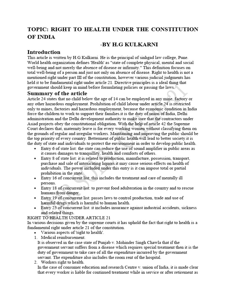 Topic: Right To Health Under The Constitution of India - by H.G ...