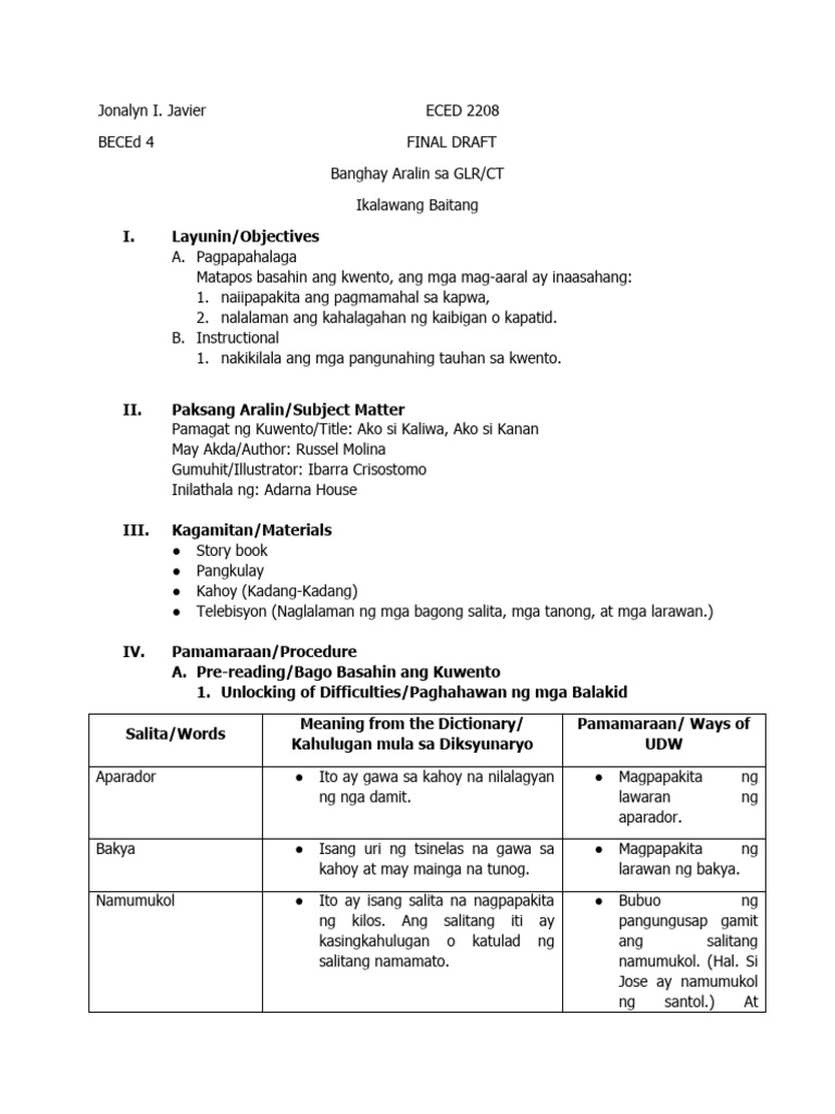 Javier Jonalyn I Banghay Aralin Final Draft | PDF