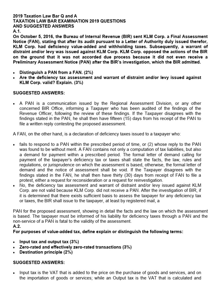 2019 Taxation Law Bar Q and A | PDF | Value Added Tax | Taxes