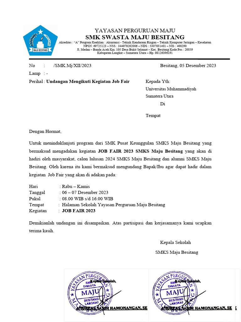 Undangan Job Fair SMK Maju Besitang | PDF