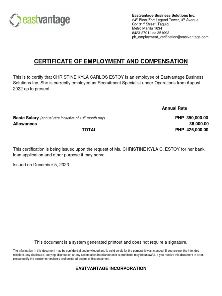 COE With Compensation For Miss Christine Kyla Estoy OPS | PDF