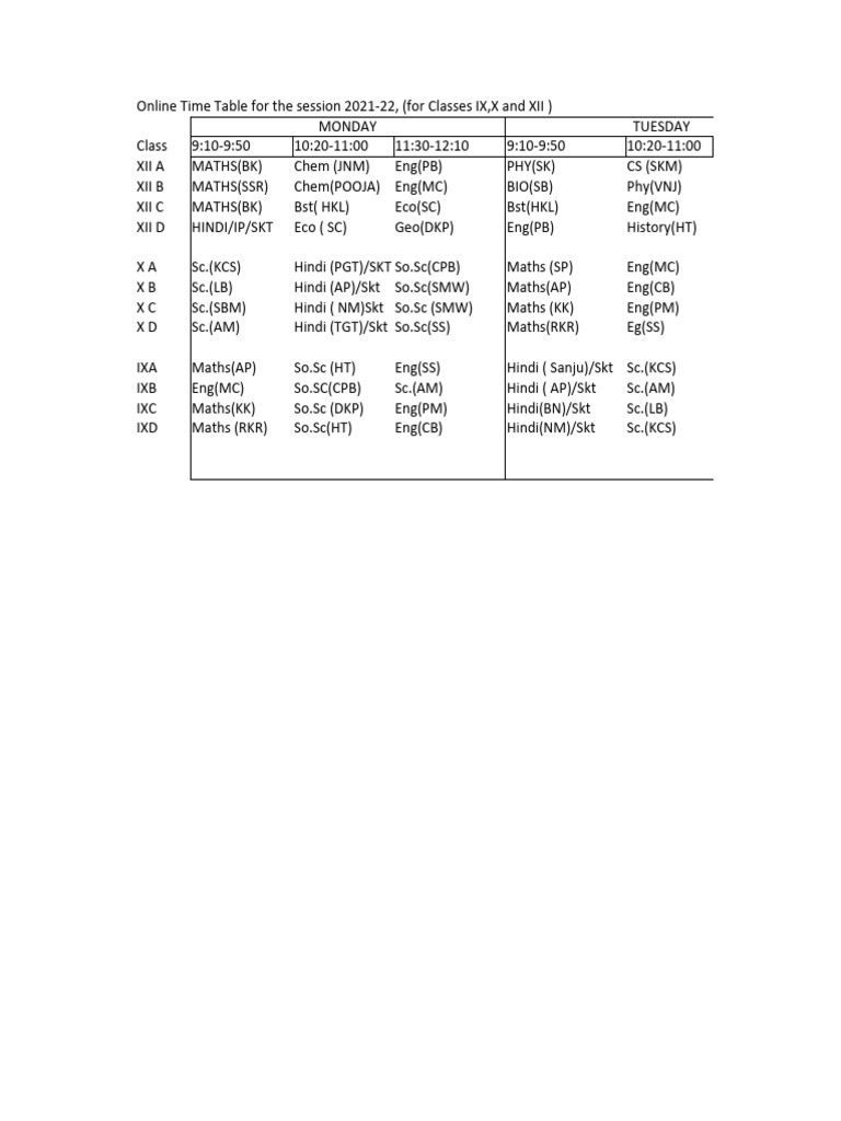 Final Online Time Table Fot The Session - 2021-22. | PDF