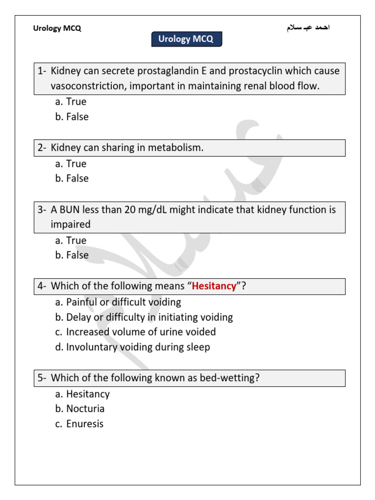 Urology MCQ | PDF | Urinary Incontinence | Urinary Tract Infection