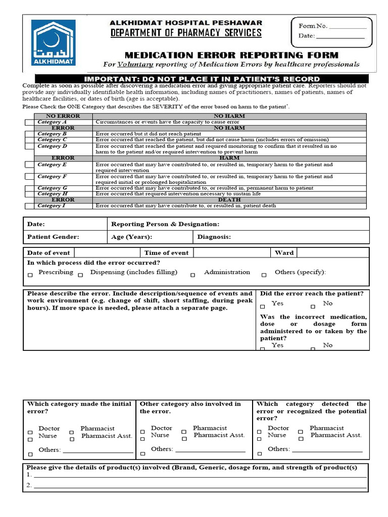 Medication Error Form Akh | PDF | Patient | Medical Error