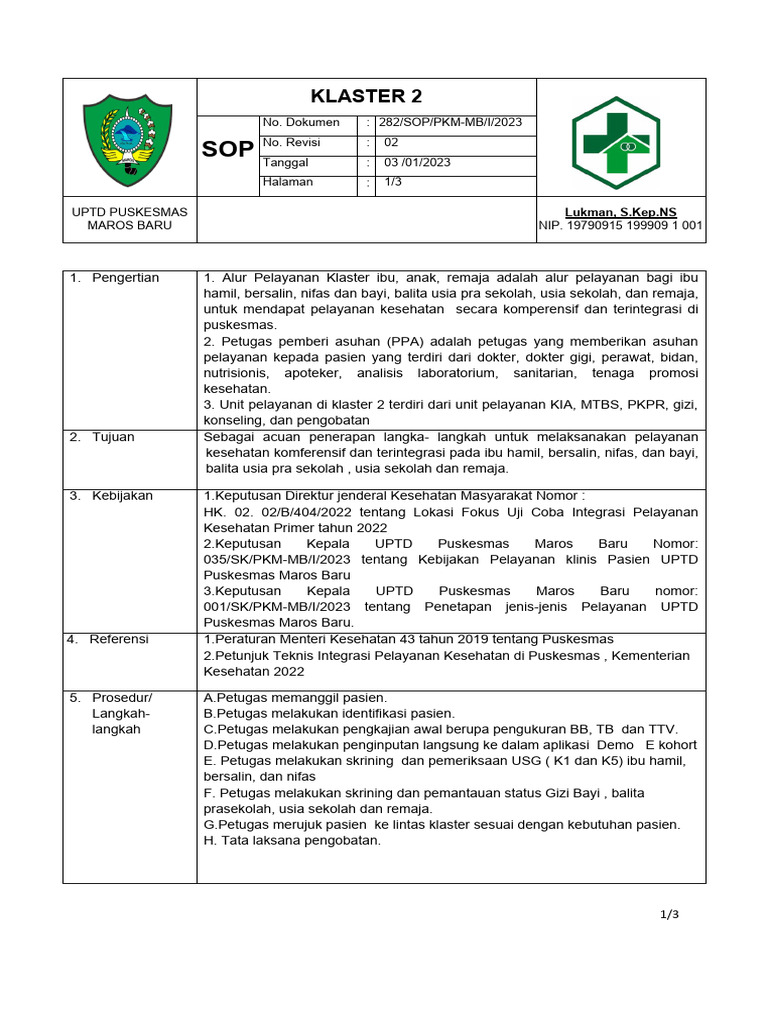 Sop Klaster 2 2023 | PDF