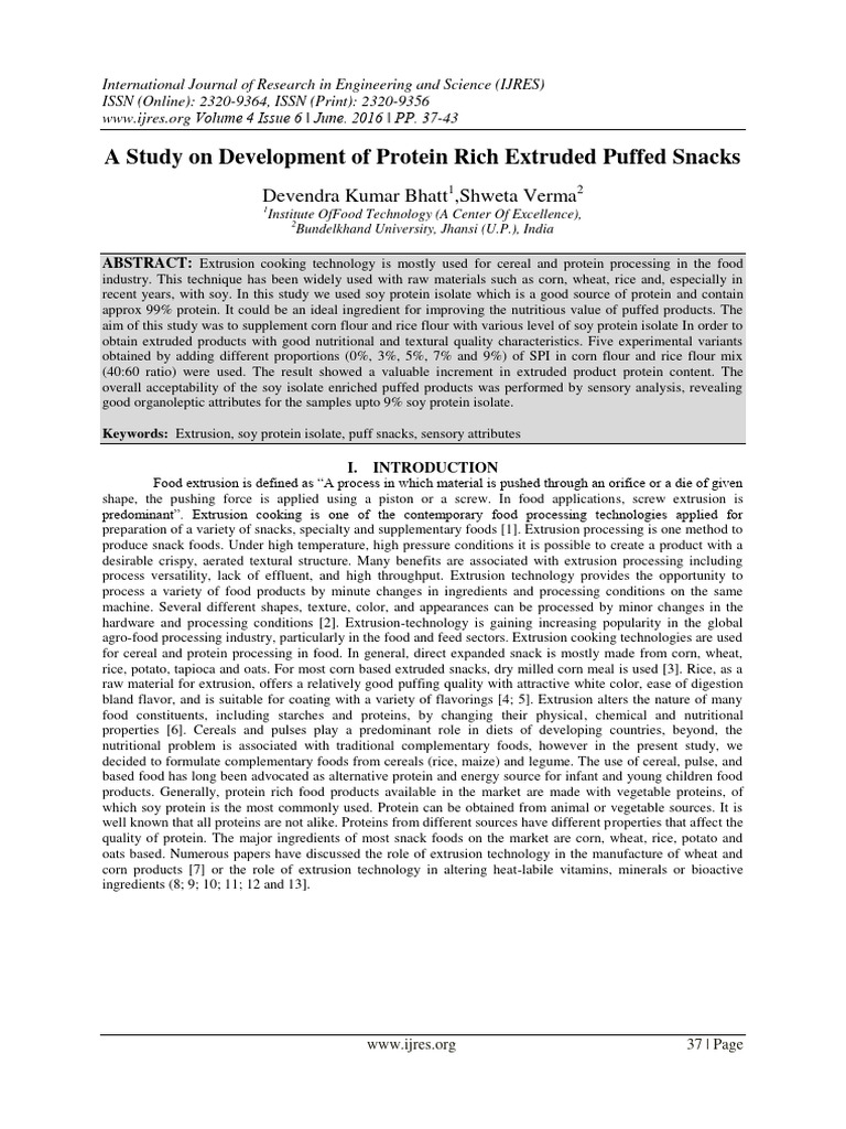 A Study On Development of Protein Rich Extruded Puffed Snacks | PDF ...